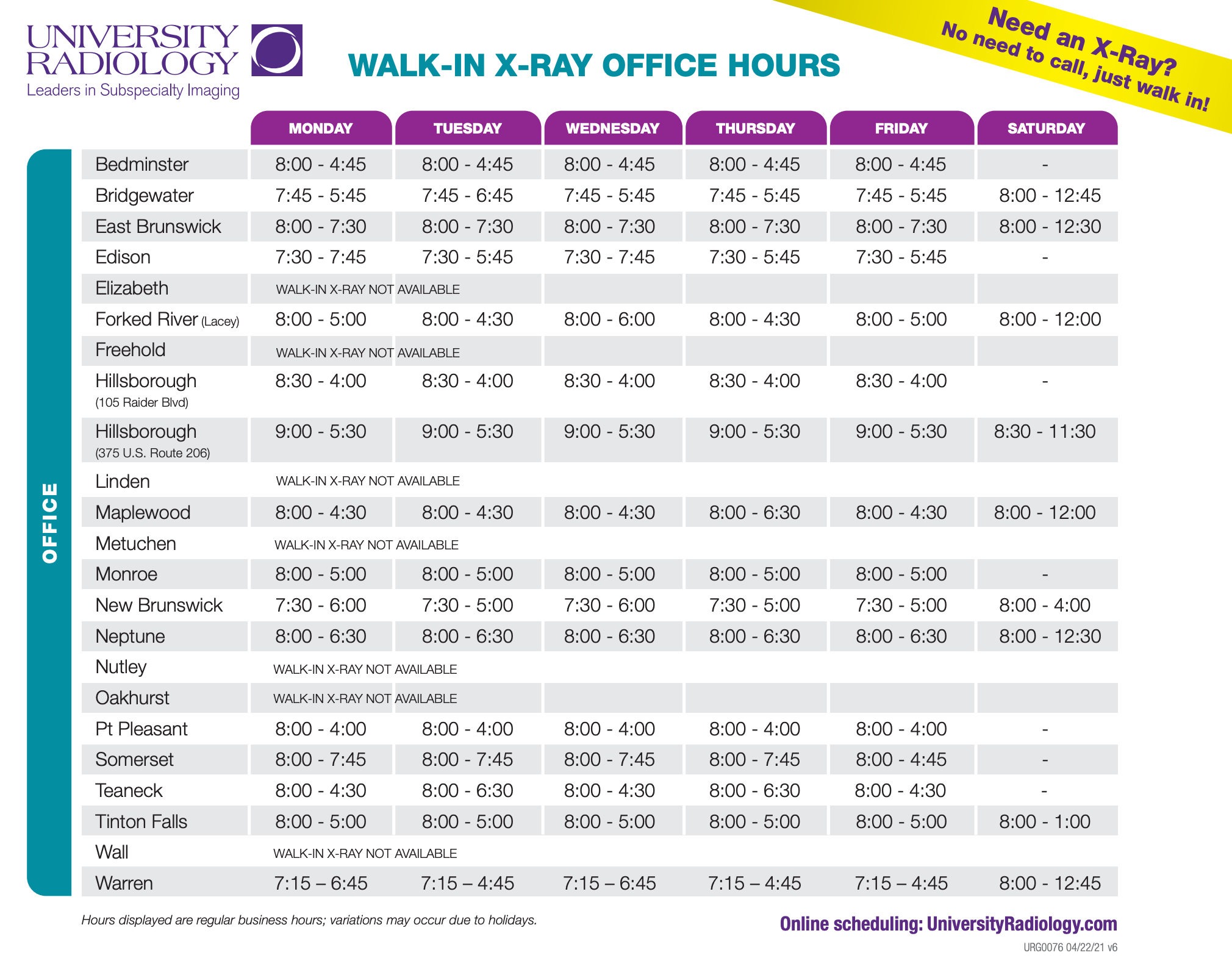 Walk In Hours for X-rays | University Radiology of NJ