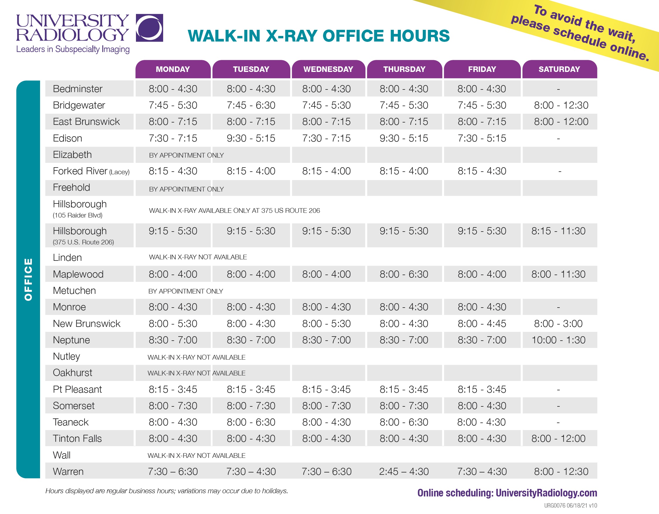 Walk In Hours for X-rays | University Radiology of NJ