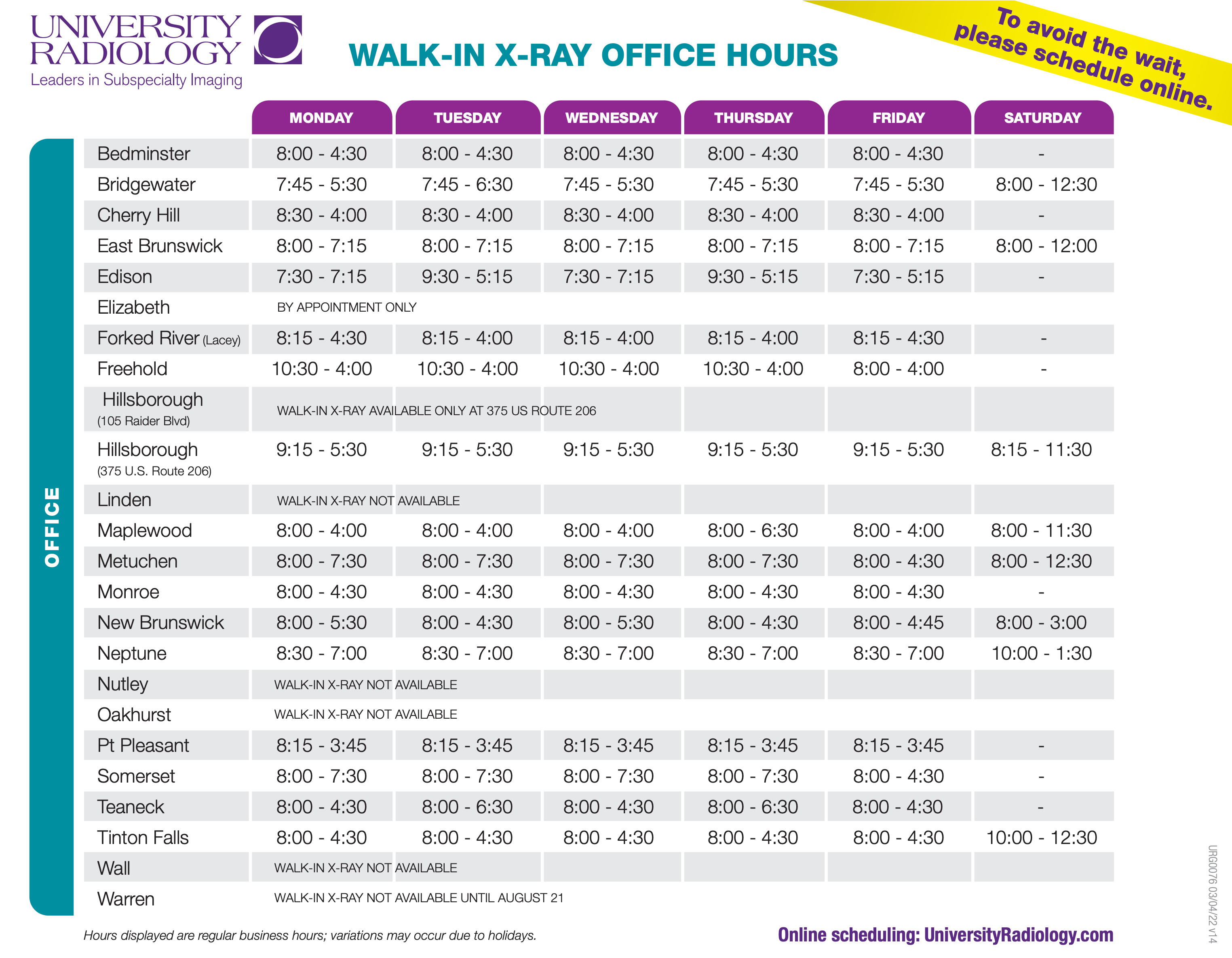 Walk In Hours for X-rays | University Radiology of NJ
