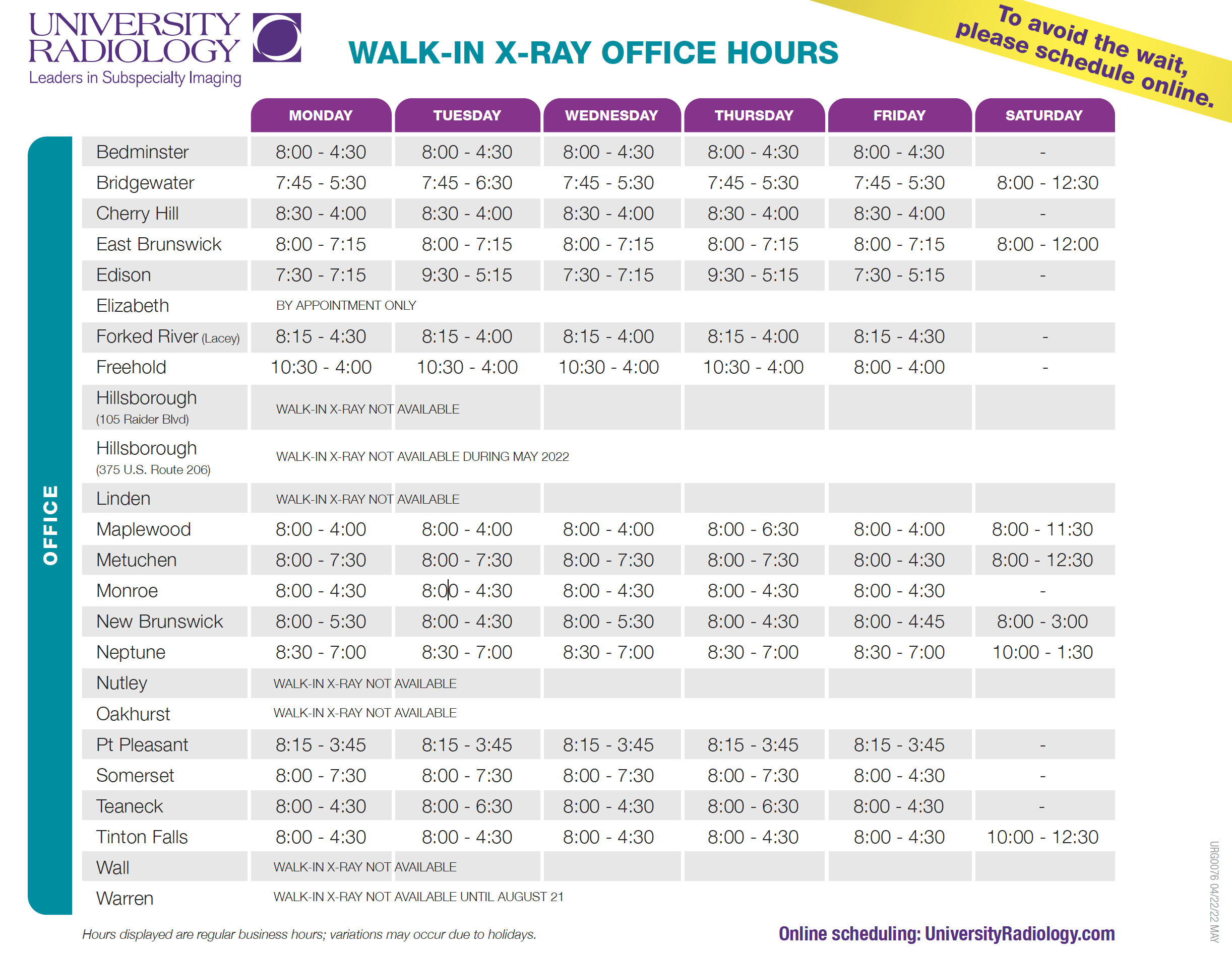 Walk In Hours for X-rays | University Radiology of NJ
